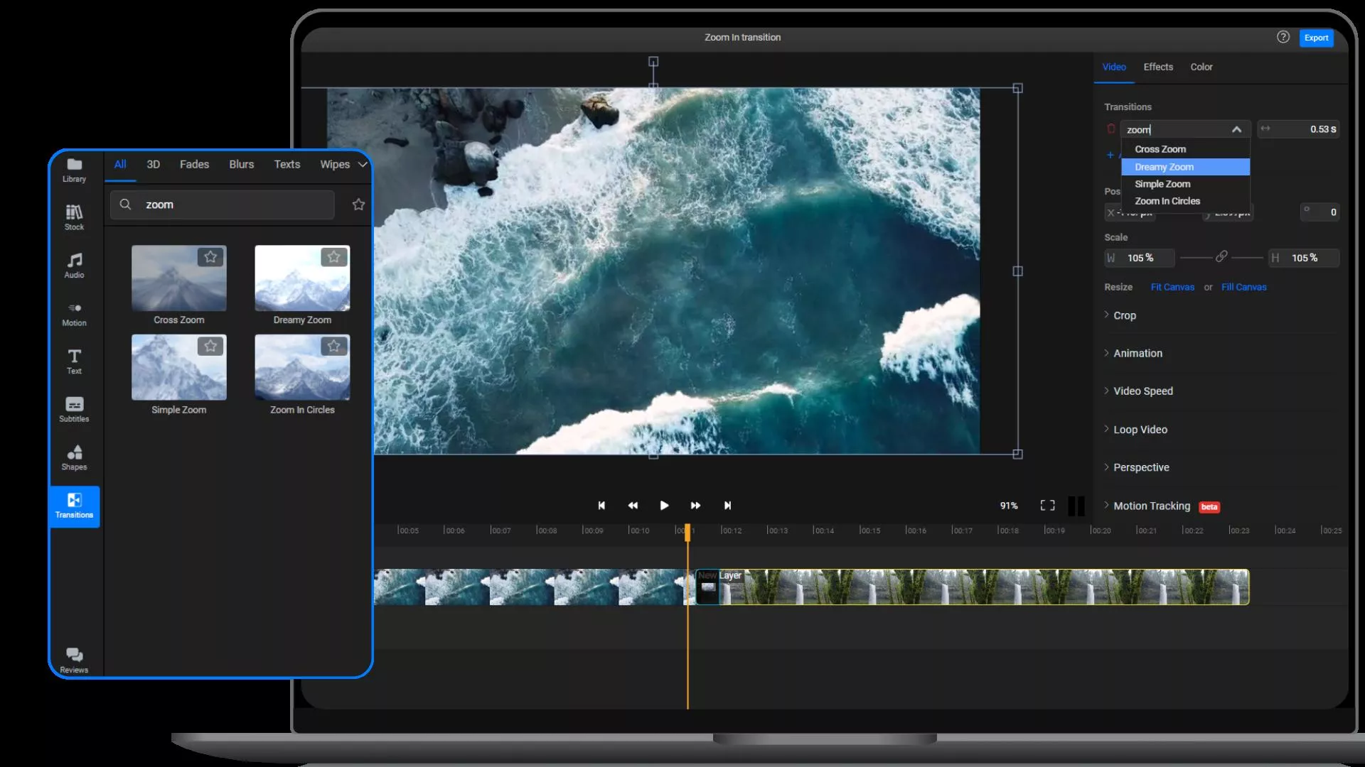 Add a Zoom In Transition Online with Flixier